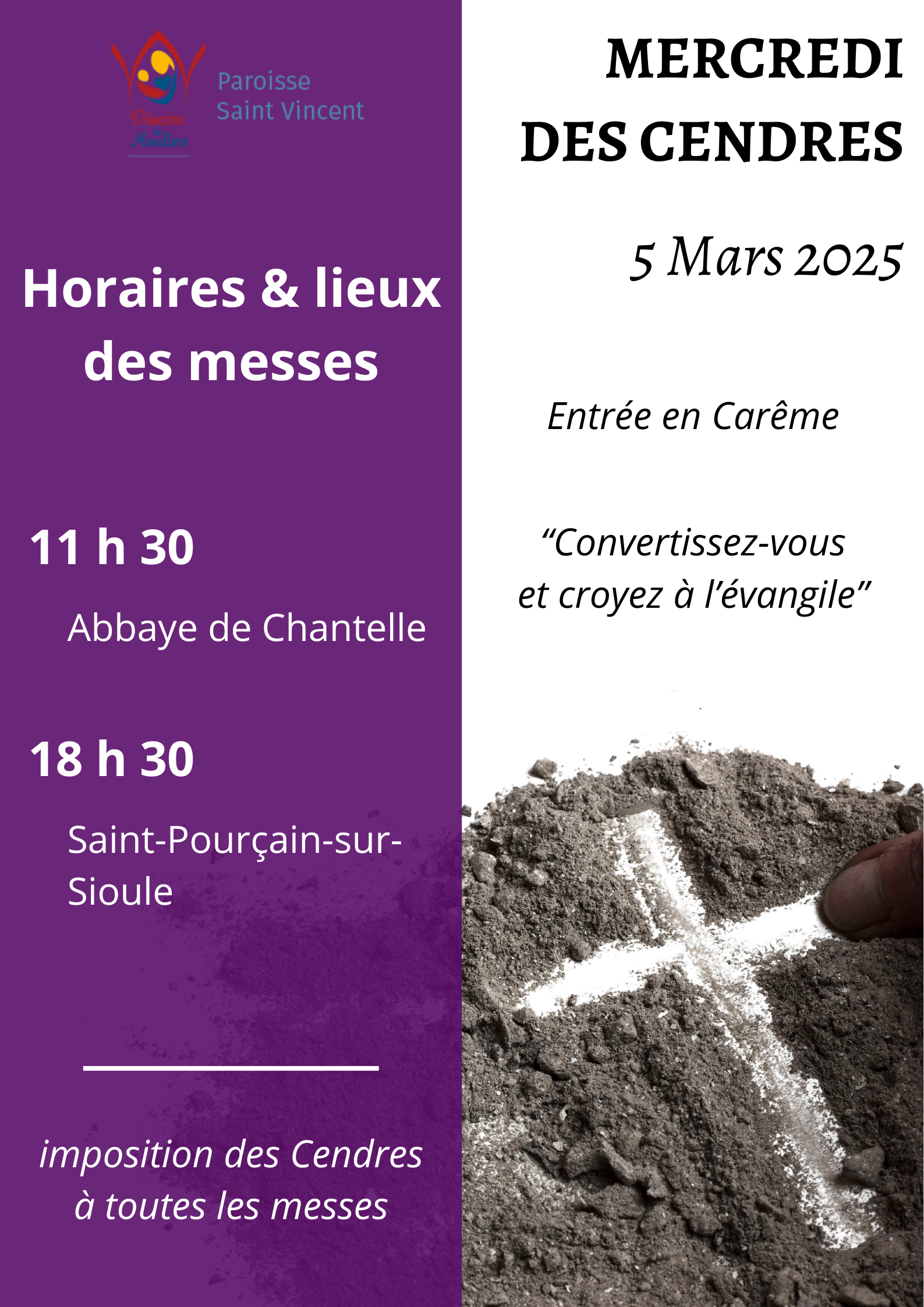 Affiche - Messe des Cendres 2025 - Paroisse Saint-Vincent - Diocèse de ...